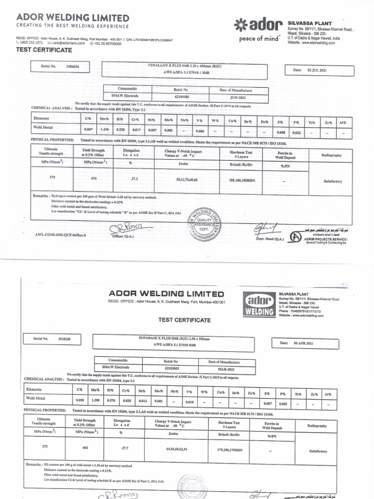 Welding Electrodes Test Certificates | PDF