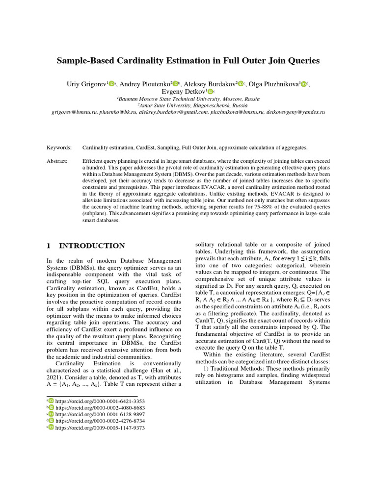 Sample-Based Cardinality Estimation in Full Outer Join Queries | PDF | Databases | Relational ...