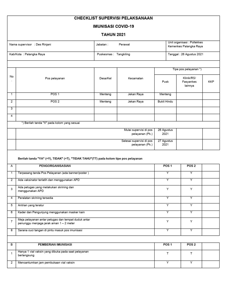 Checklist Supervisi Pelaksanaan Imunisasi COVID-19 FIX | PDF