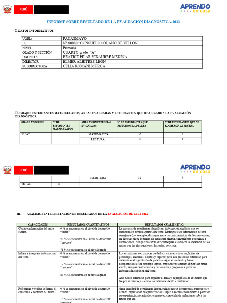 Informe de La Eval. Diagnostica 4° | PDF | Evaluación | Enseñando