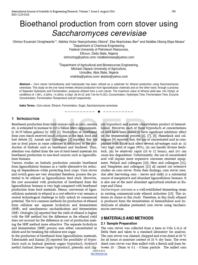 Bioethanol Production From Corn Stover Using Saccharomyces Cerevisiae
