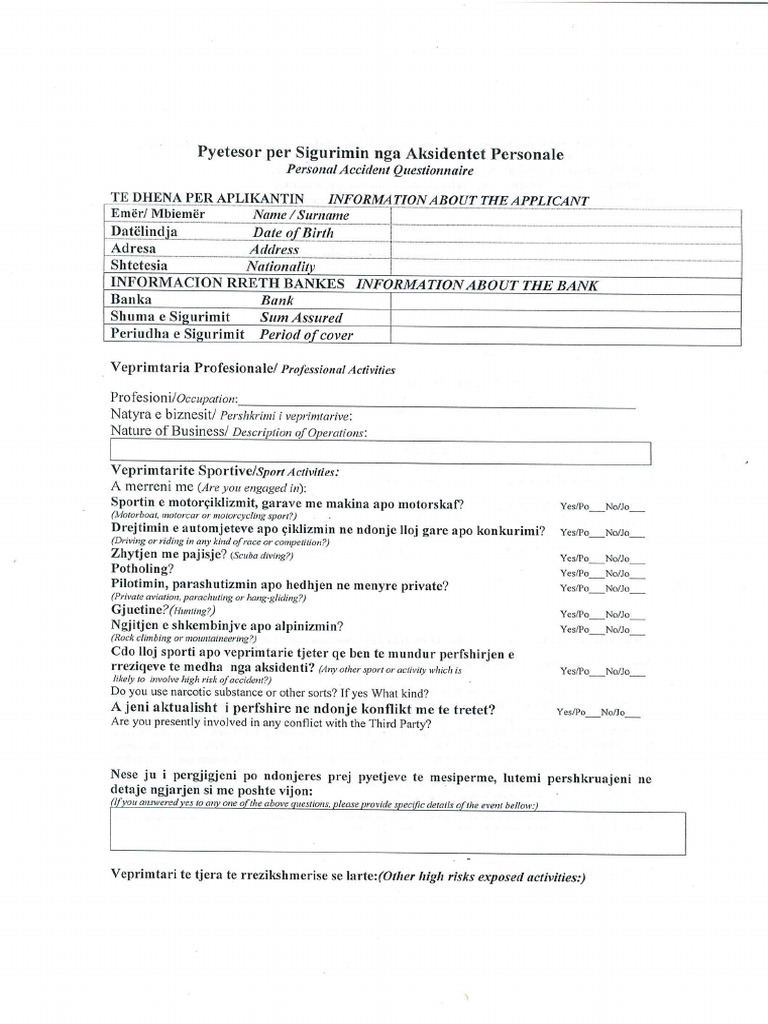 Pyetesor Mbi Aksidentet Personale | PDF