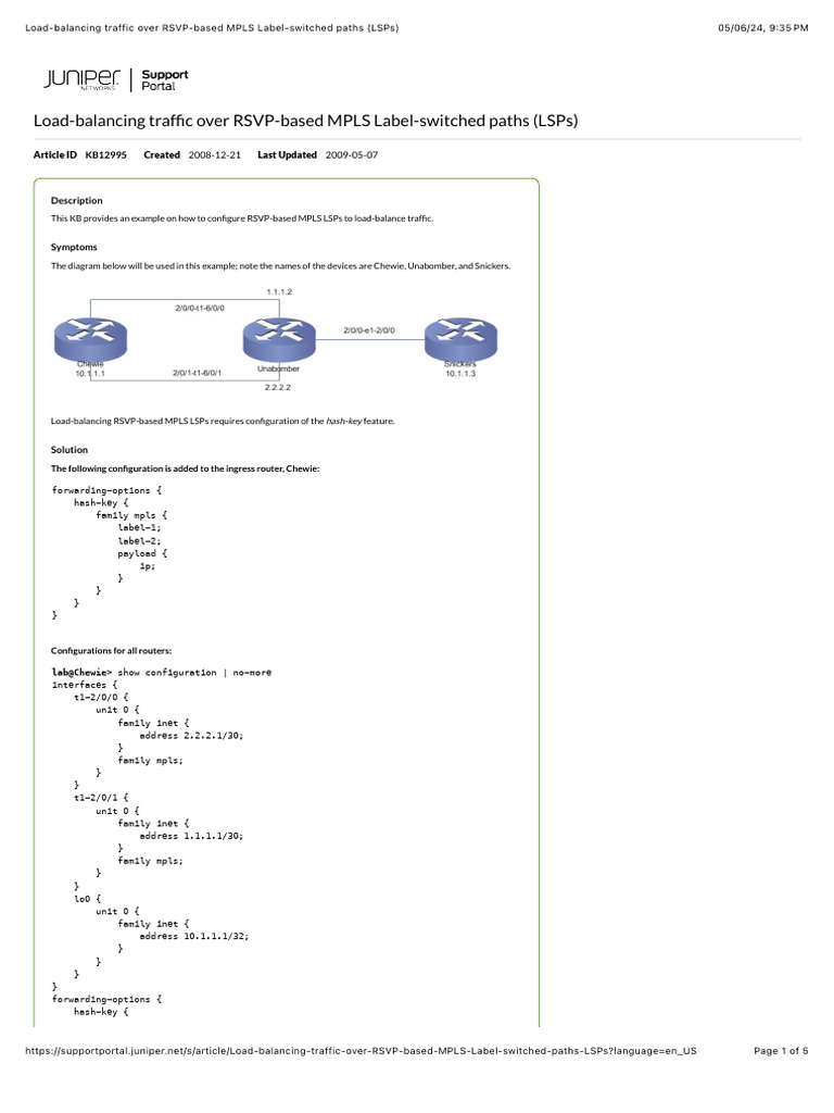 Load-balancing traffic over RSVP-based MPLS Label-switched paths (LSPs) | Download Free PDF ...
