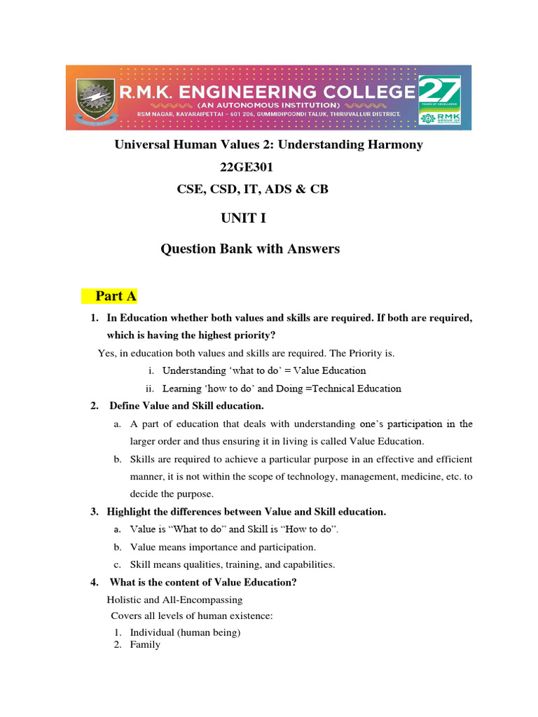 Unit 1 Question Bank With Answers Odd Sem 2023-24 | PDF | Happiness | Consciousness
