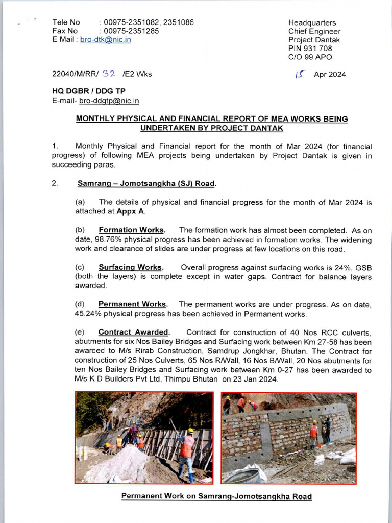 Monthly Physical and Financial Report of Mea Works Being Undertaken by ...