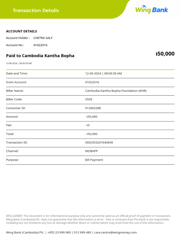 Cambodia Kantha Bopha Payment Receipt | PDF