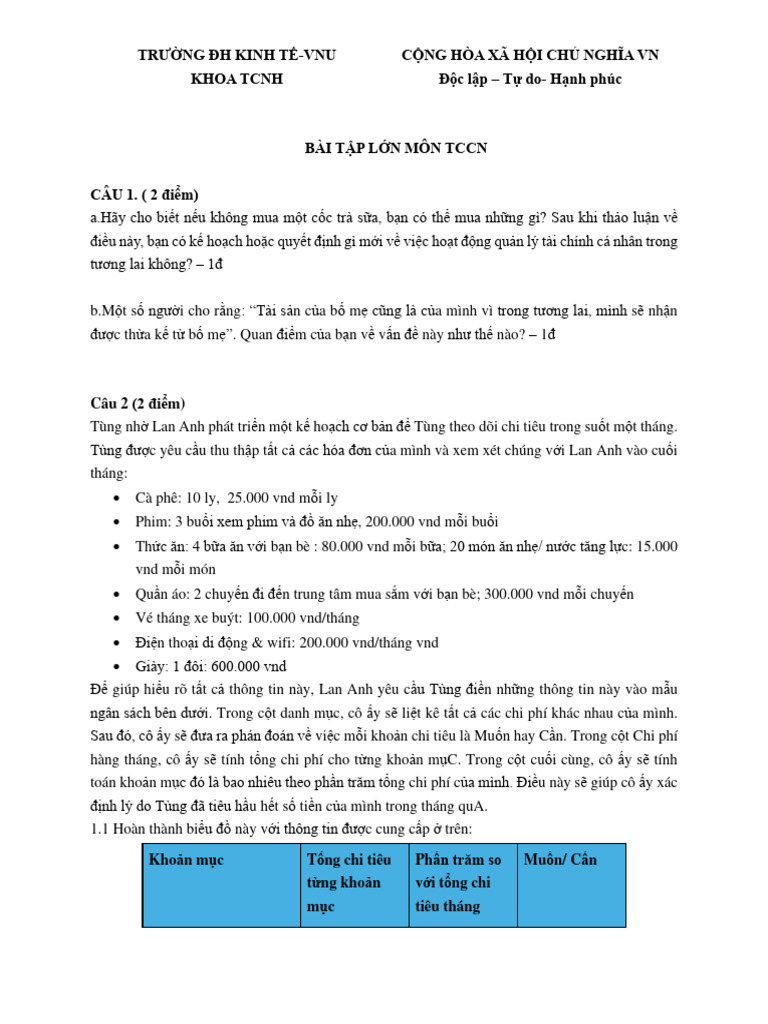 Trường Đh Kinh Tế-Vnu Khoa Tcnh Cộng Hòa Xã Hội Chủ Nghĩa Vn Độc lập - Tự do-Hạnh phúc | PDF