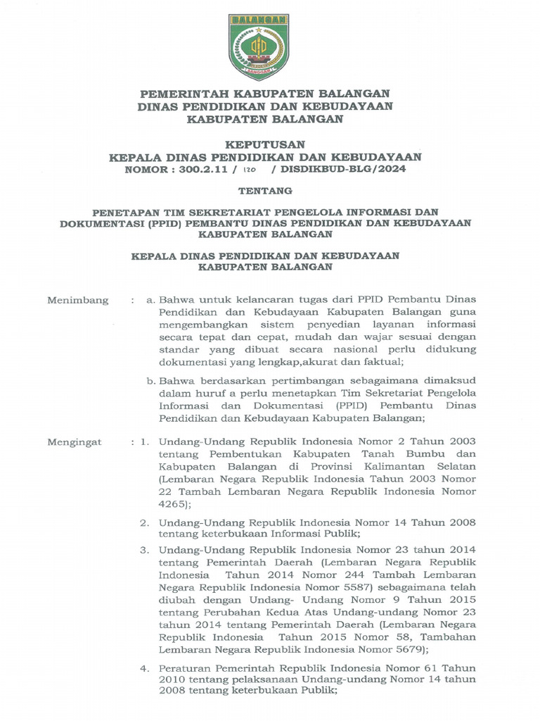 Sk Tim Ppid Disdikbud 2024 | PDF