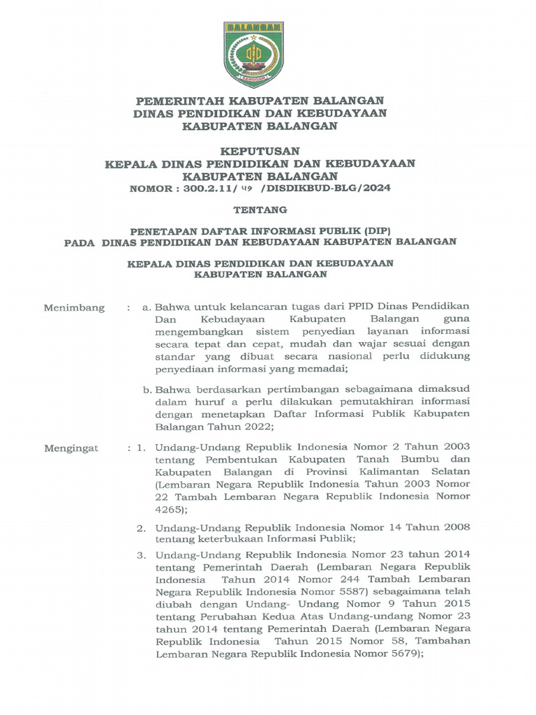 SK Penetapan DIP Disdkbud 2024 | PDF