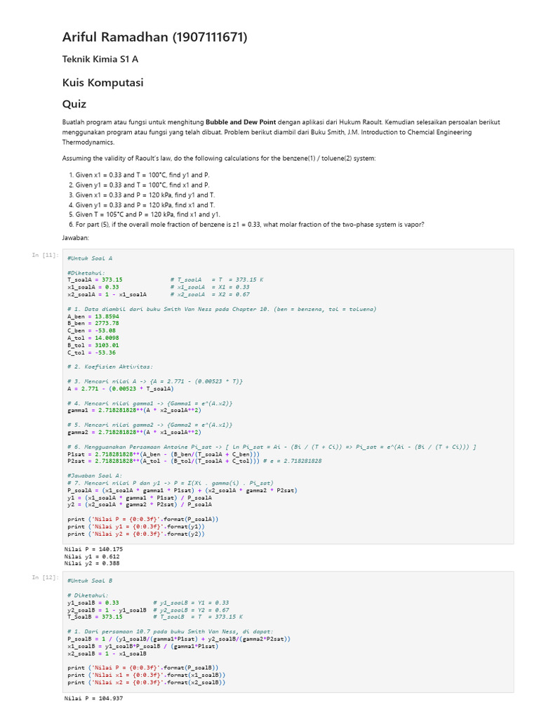Ariful Ramadhan 1907111671 Kuis Komputasi | PDF | Benzene | Thermodynamics