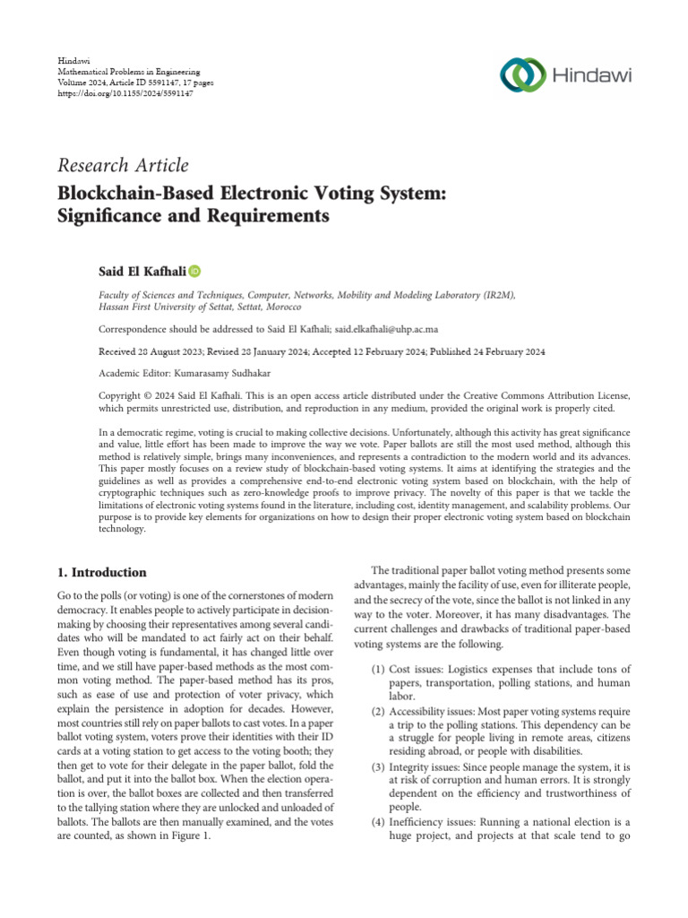 Research Article Blockchain-Based Electronic Voting System: Signi Ficance and Requirements | PDF ...