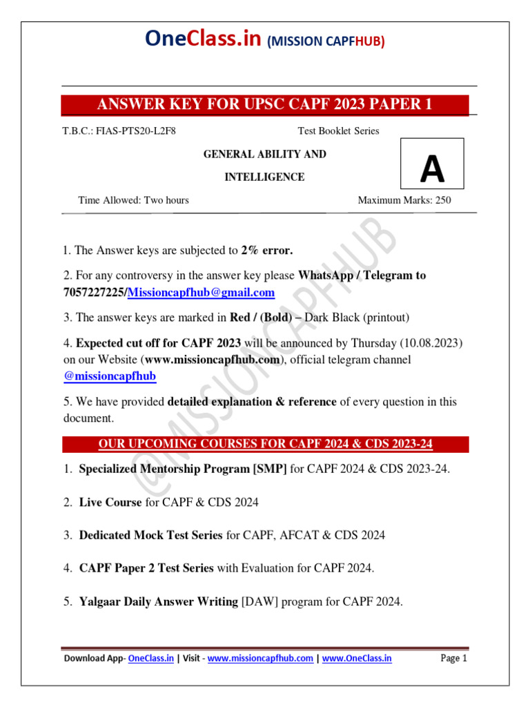 CAPF 2023 Paper 1 Answer Key by OneClassin MISSIONCAPFHUB Final 1 | PDF | Concrete ...