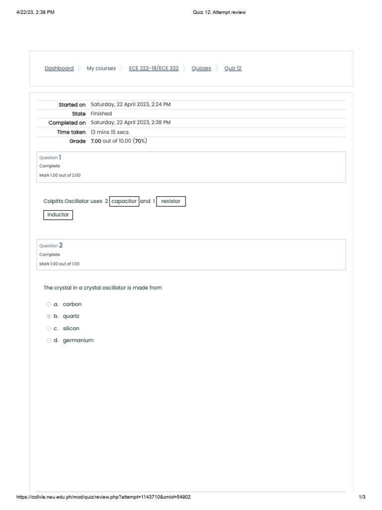 Quiz 12 - Attempt Review | PDF | Electronic Circuits | Electronic Engineering