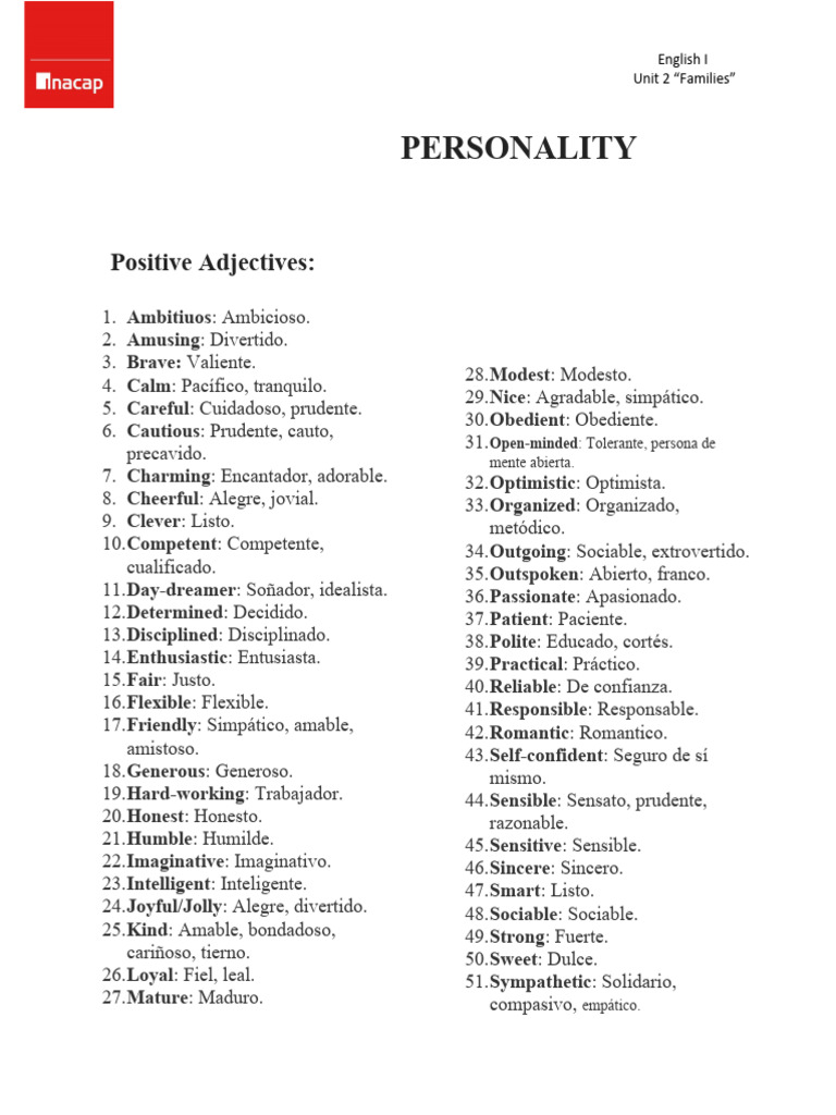 Class 11 - Personality Adjectives - Unit 2 Families - English I | PDF