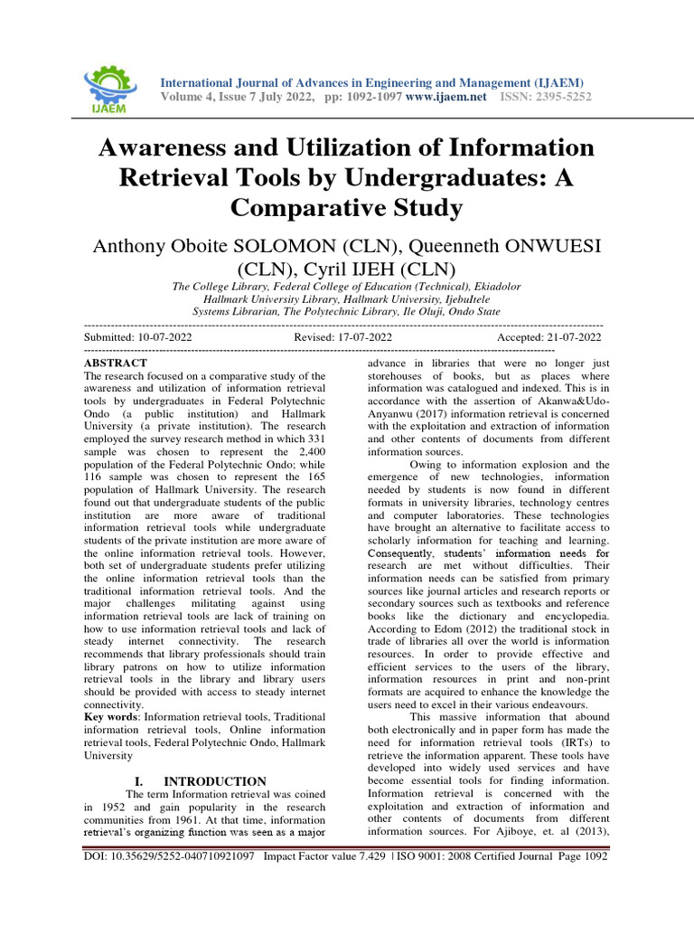 Awareness and Utilization of Information Retrieval Tools by ...