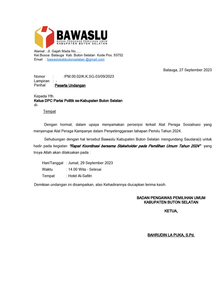Undangan Rapat Koordinasi Pemilu 2024 | PDF