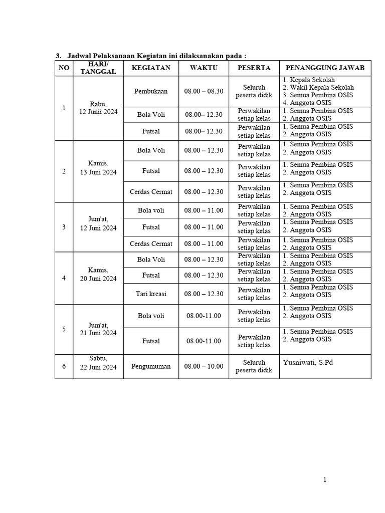 Jadwal Kegiatan Class Meeting 2024 | PDF