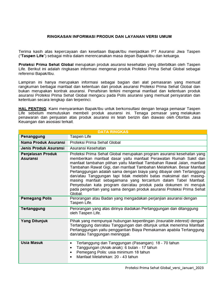 Proteksi Prima Sehat Global - Ringkasan Informasi Produk Dan Layanan ...