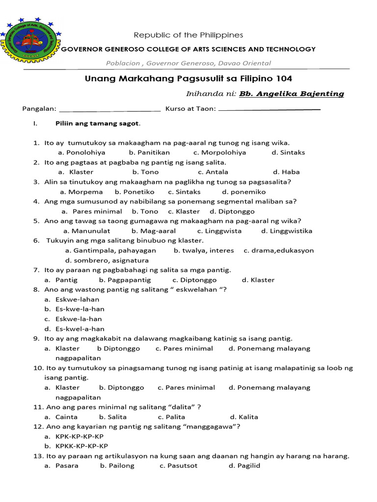 Pagsusulit Sa Fil 104 | PDF