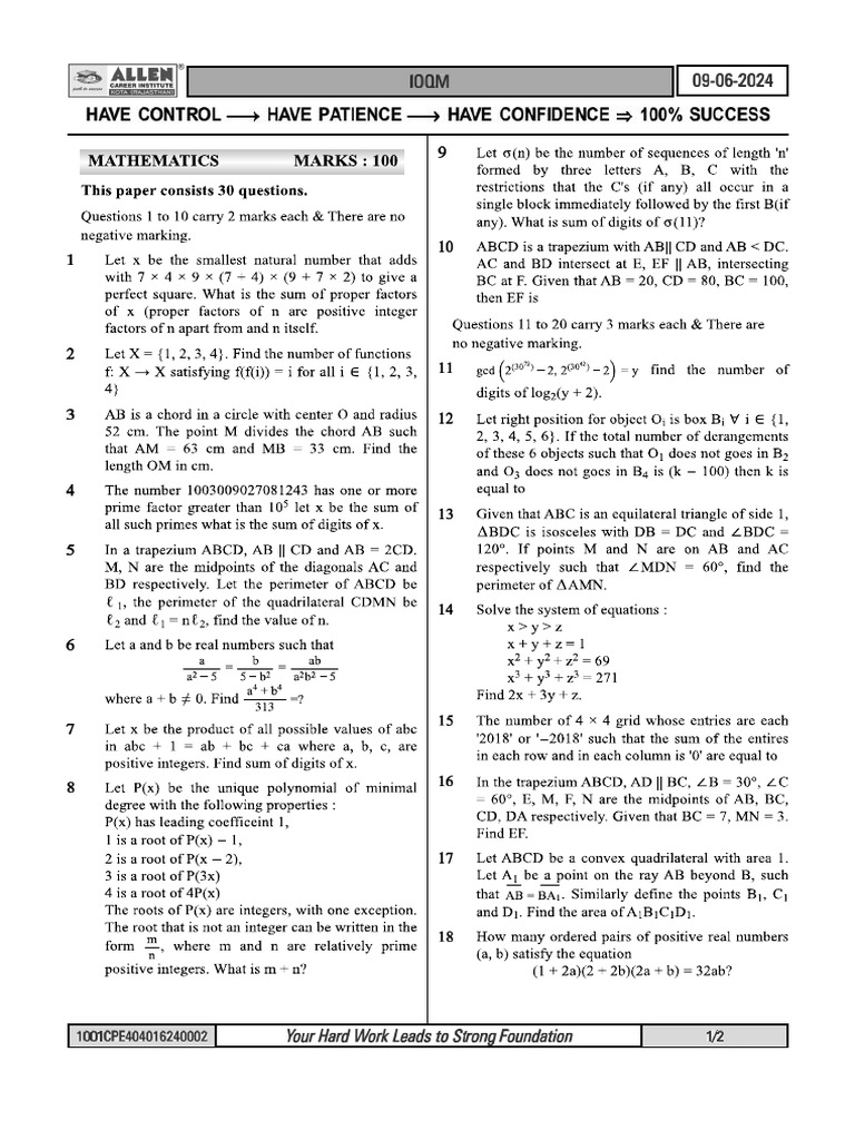 09-June-24 - IOQM - Class-IX-X - Mock Test-1 - Paper | PDF 09-June-24 - IOQM - Class-IX-X - Mock Test-1 - Paper | PDF