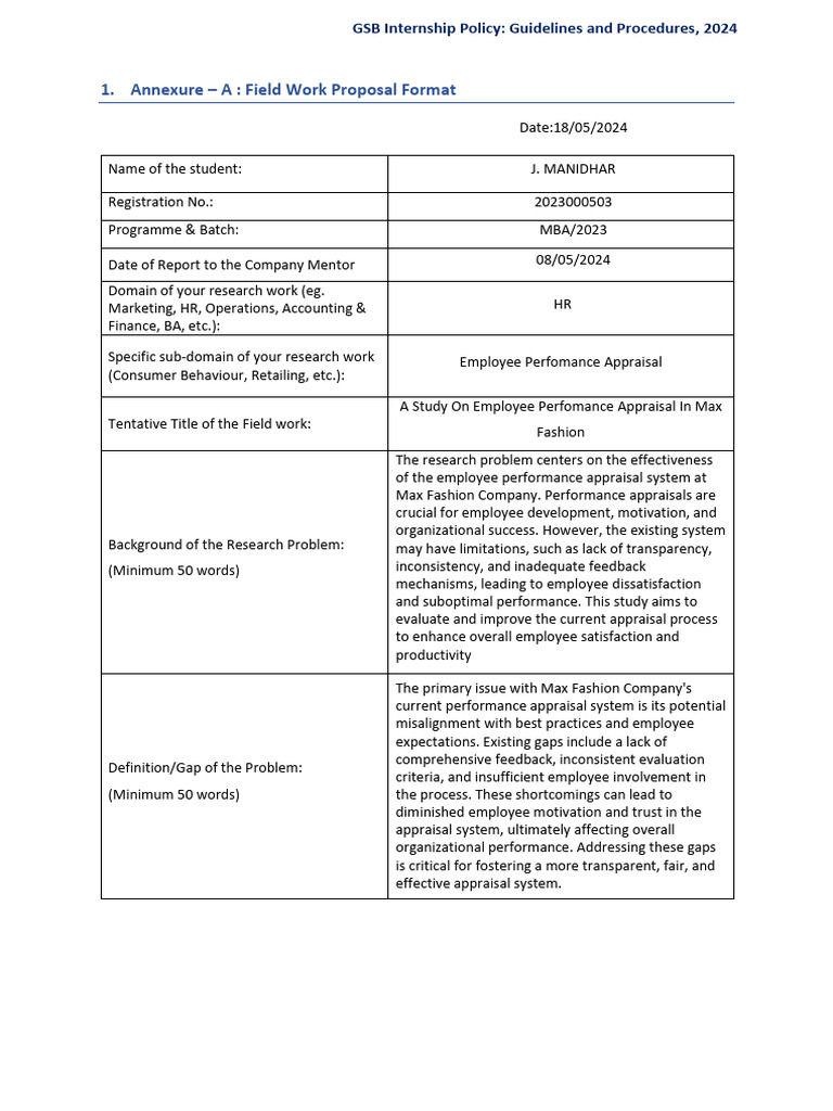Field Work Proposal 2023000503 | PDF | Performance Appraisal | Business ...