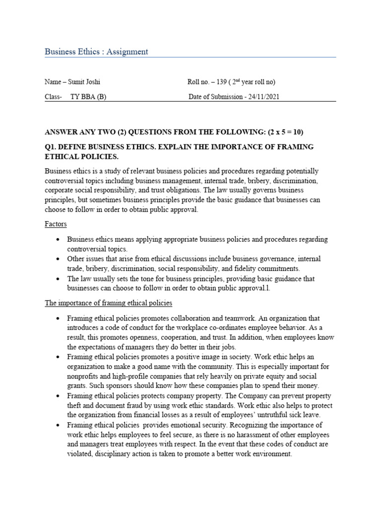 Business Ethics Assignment | PDF | Business Ethics | Employment