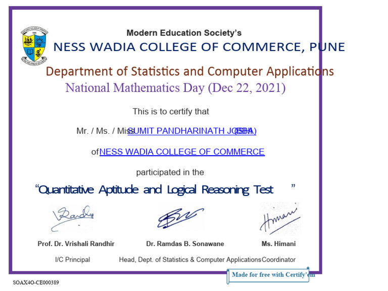 Certificate For SUMIT PANDHARINATH JOSHI For Information For Certificate | PDF