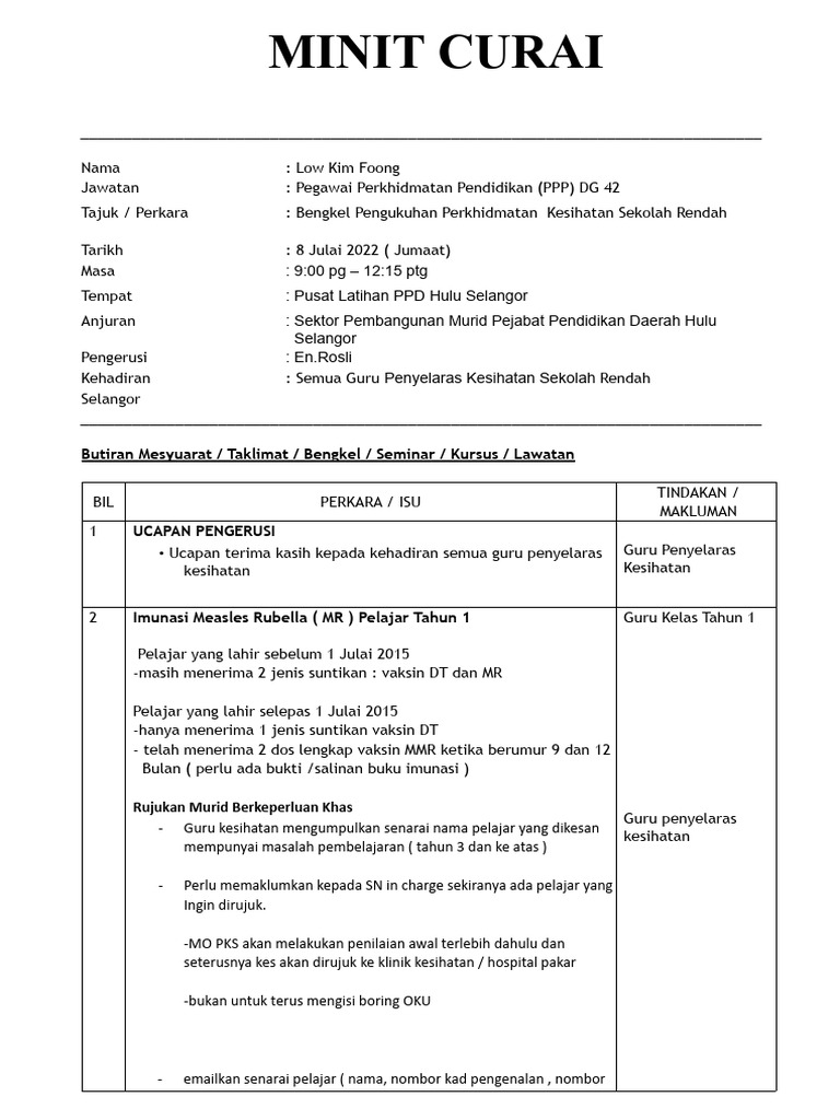 Minit Curai Bengkel Kesihatan 2022 | PDF