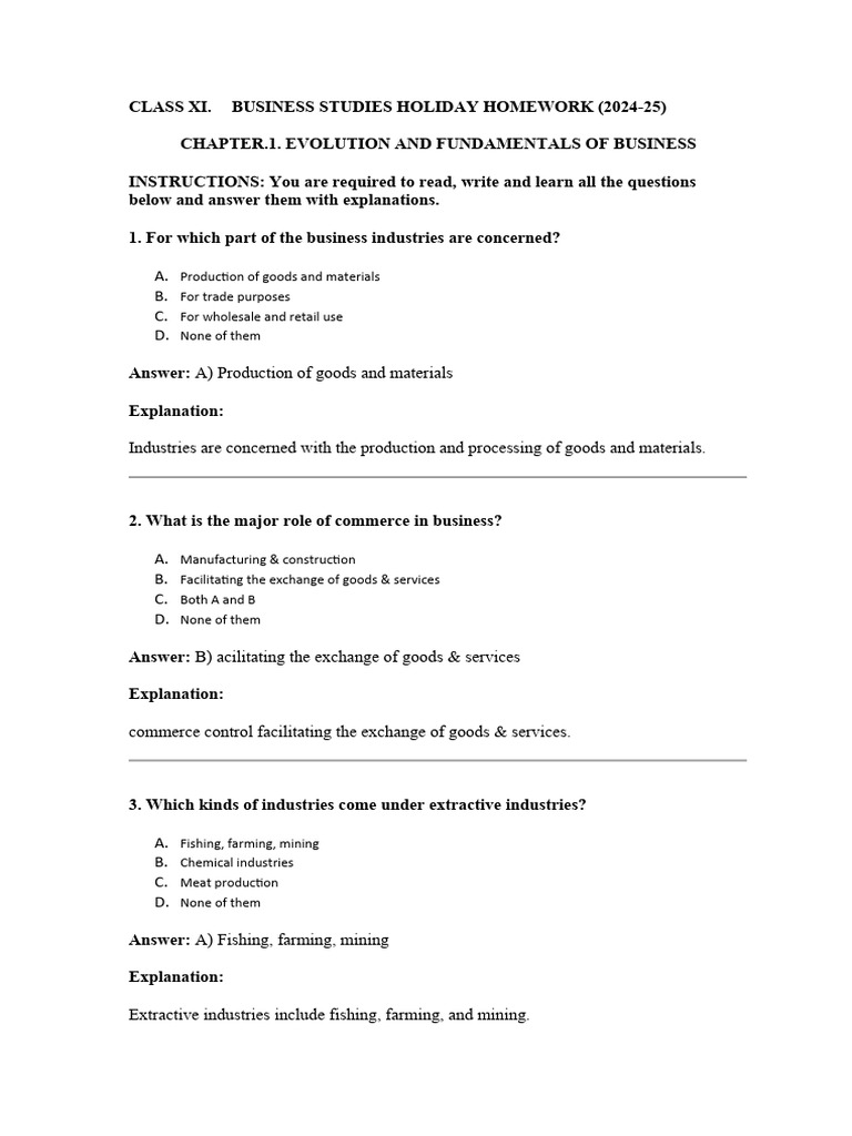 Holiday HW, c.1, Class Xi, BST | PDF | Commerce | Economies
