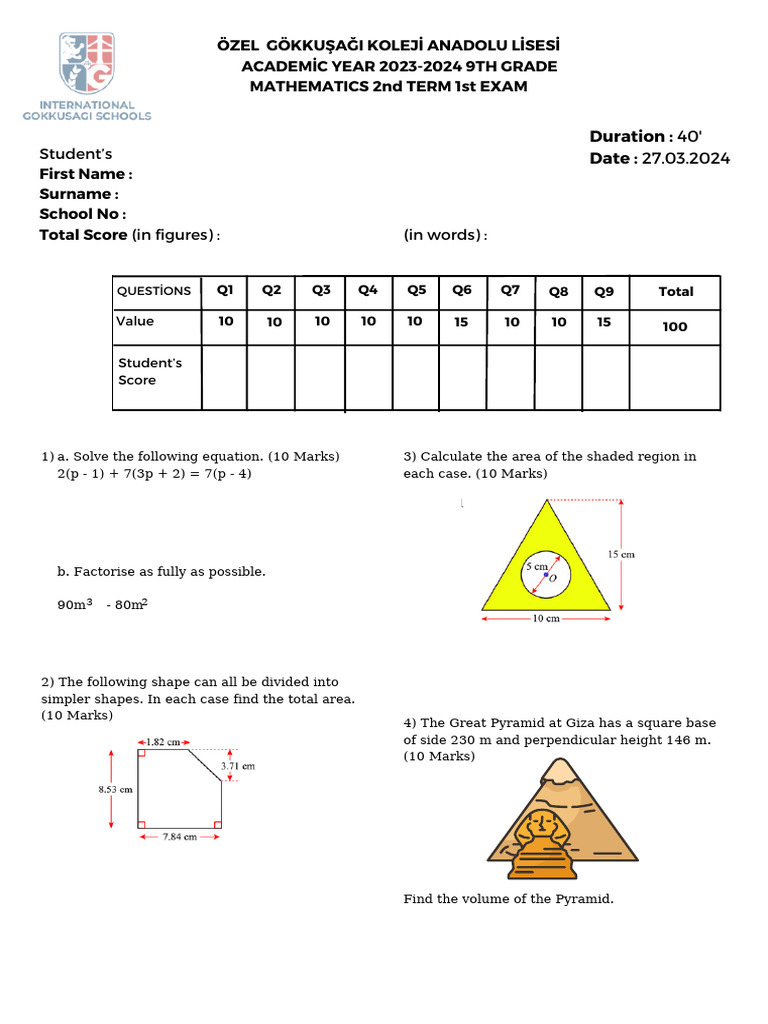 9 Grade 2nd Term 1st EXAM | PDF | Mathematics | Mathematical Objects