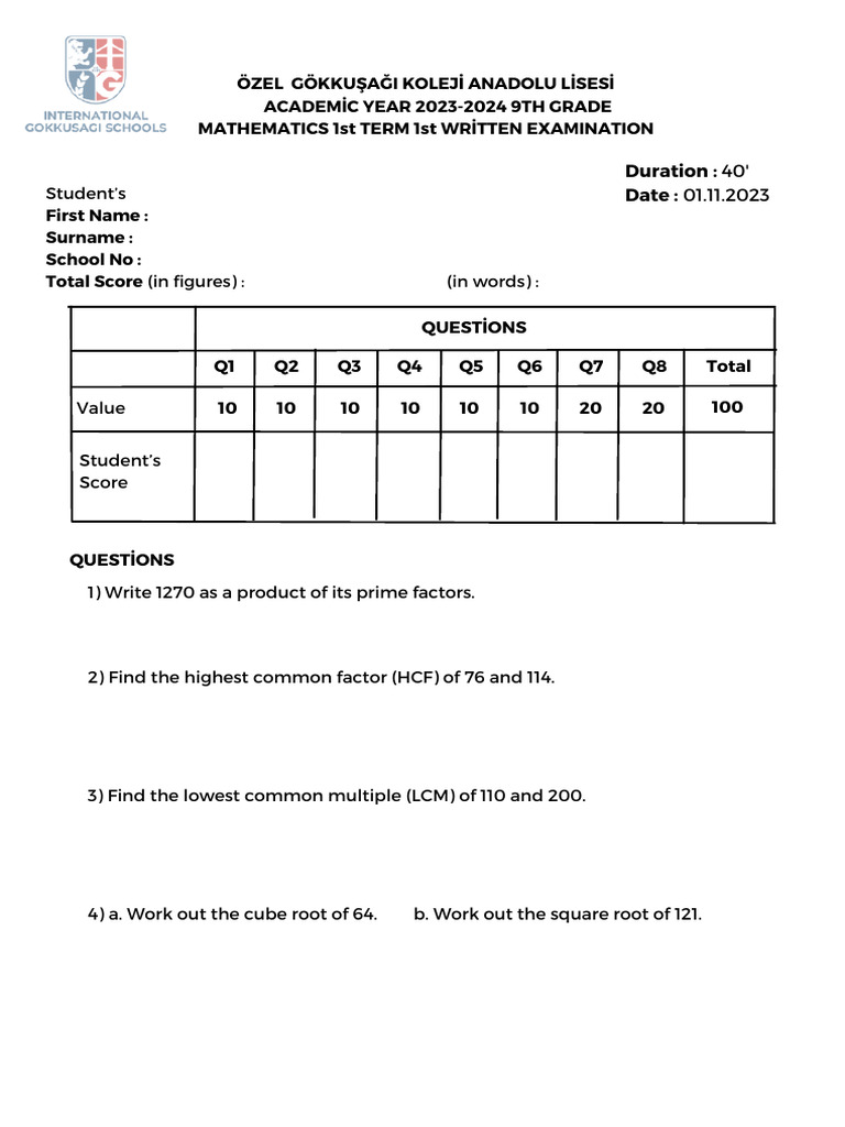 9 Grade 1st Term 1st Exam | PDF