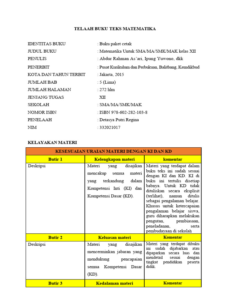 Detasya Putri Regna - 332021017 - TELAAH BUKU TEKS MATEMATIKA | PDF