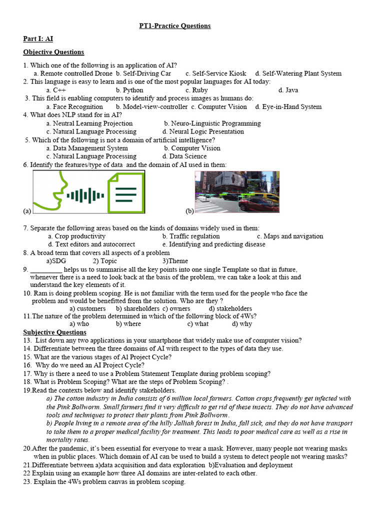 PT1 Revision -Practice Questions | PDF | Artificial Intelligence | Intelligence (AI) & Semantics