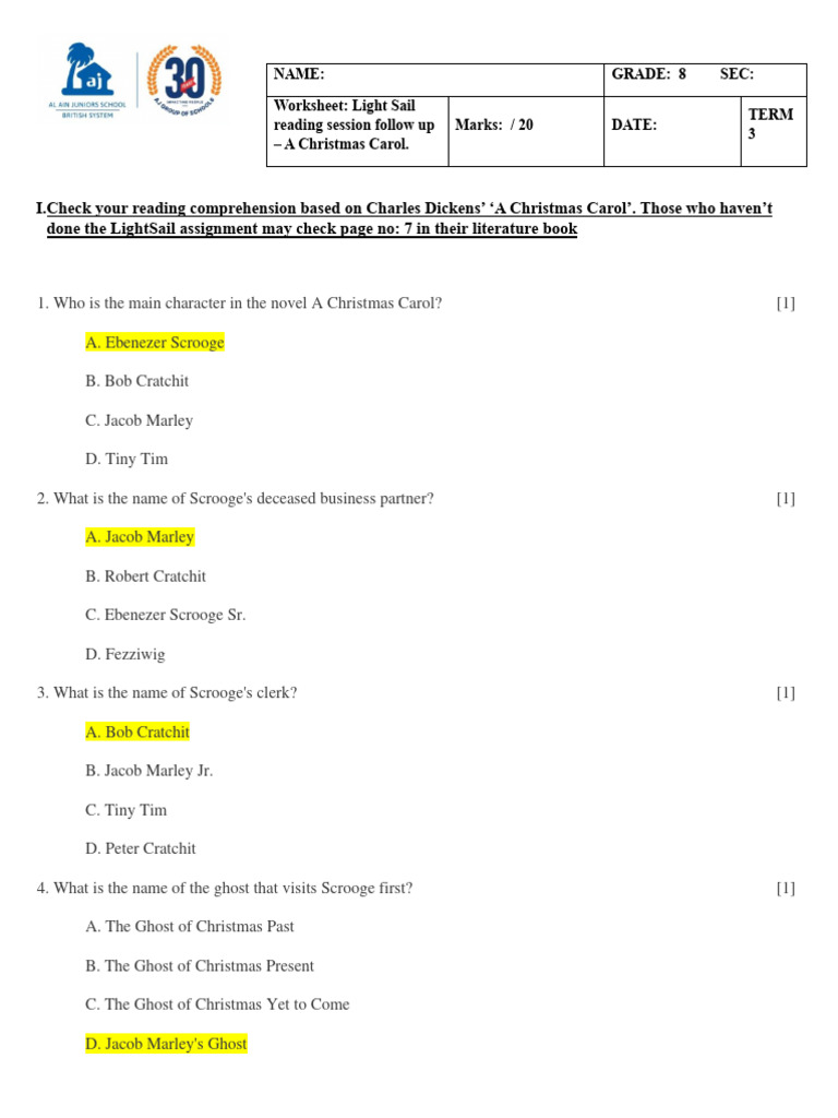 A Christmas Carol Comprehension Quiz | PDF | Ebenezer Scrooge | A ...