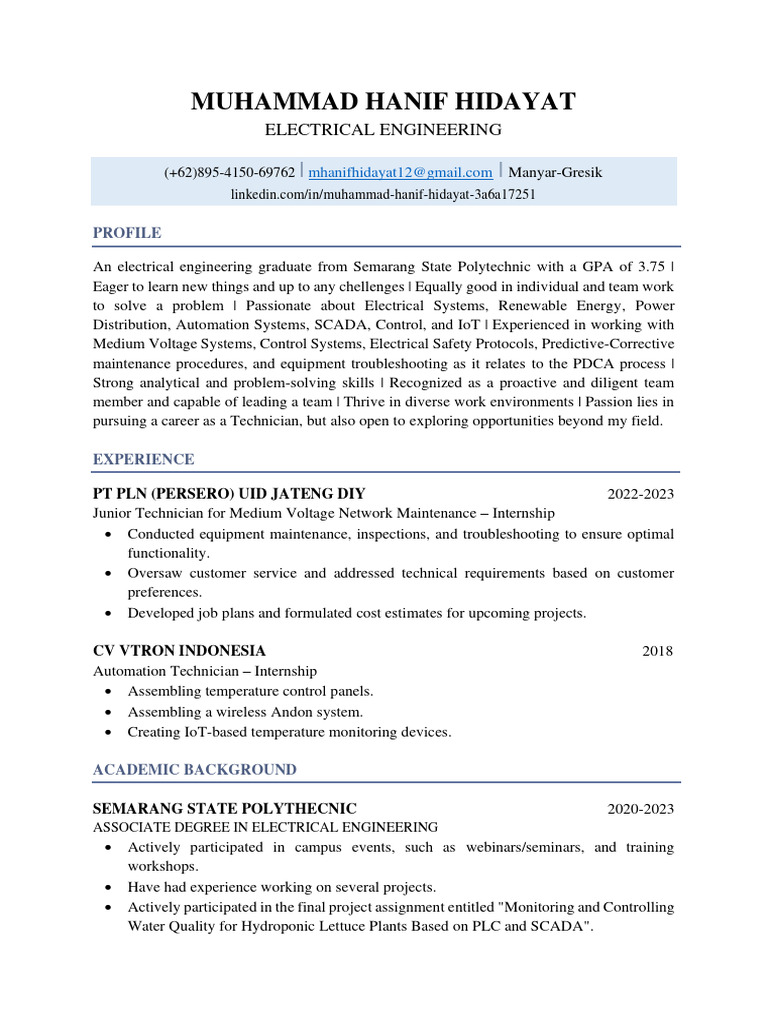 Muhammad Hanif Hidayat_CV Resume Update | PDF | Scada | Programmable Logic Controller