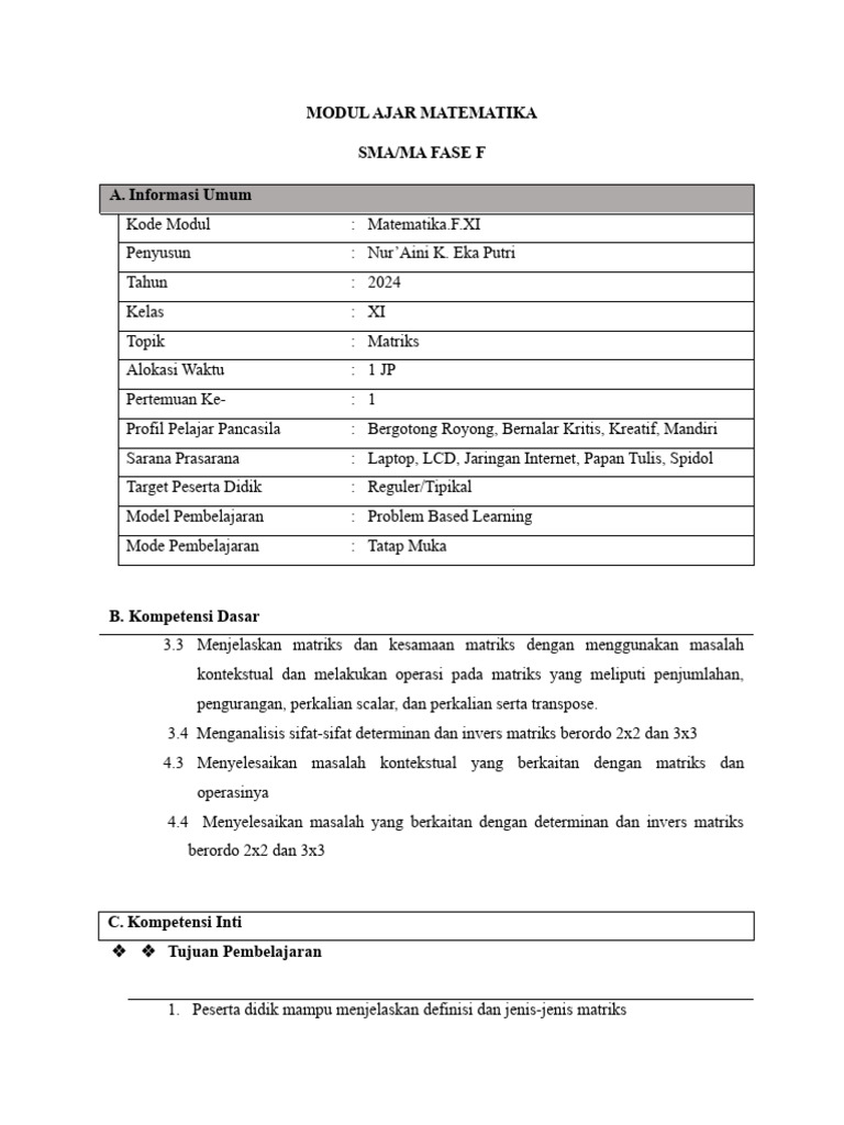 Modul Ajar Matriks Kelas XI SMA | PDF