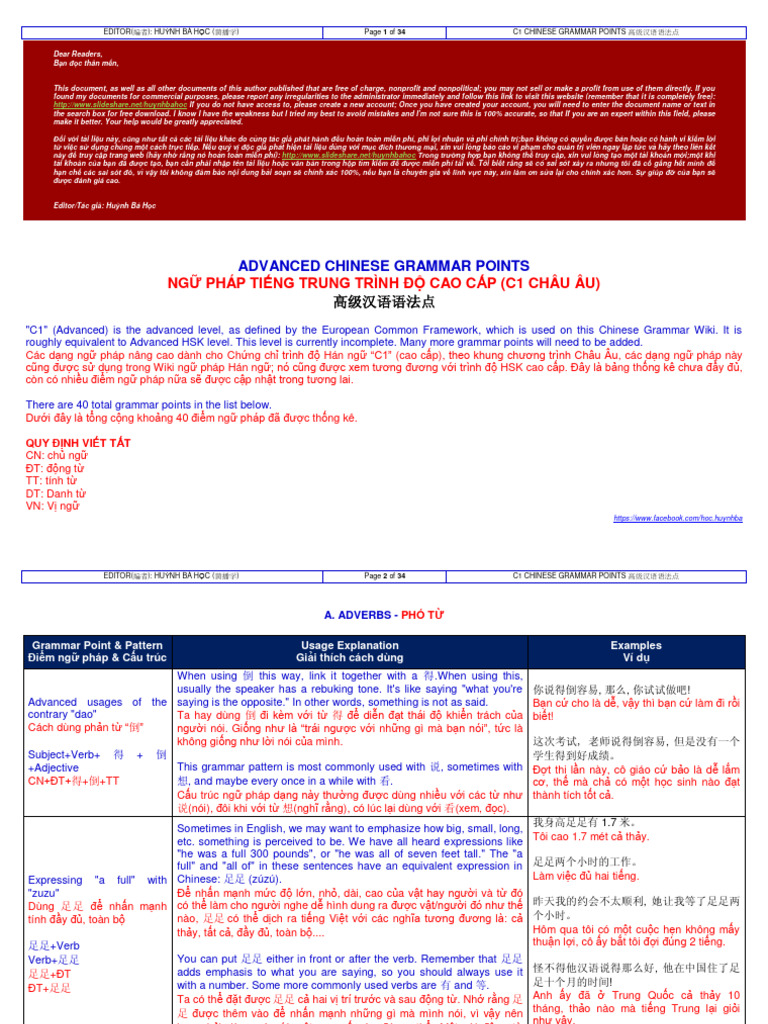NG Ữ Pháp Tiếng Trung Trình Độ Cao Cấp (C1 Châu Âu) : Advanced Chinese Grammar Points | PDF