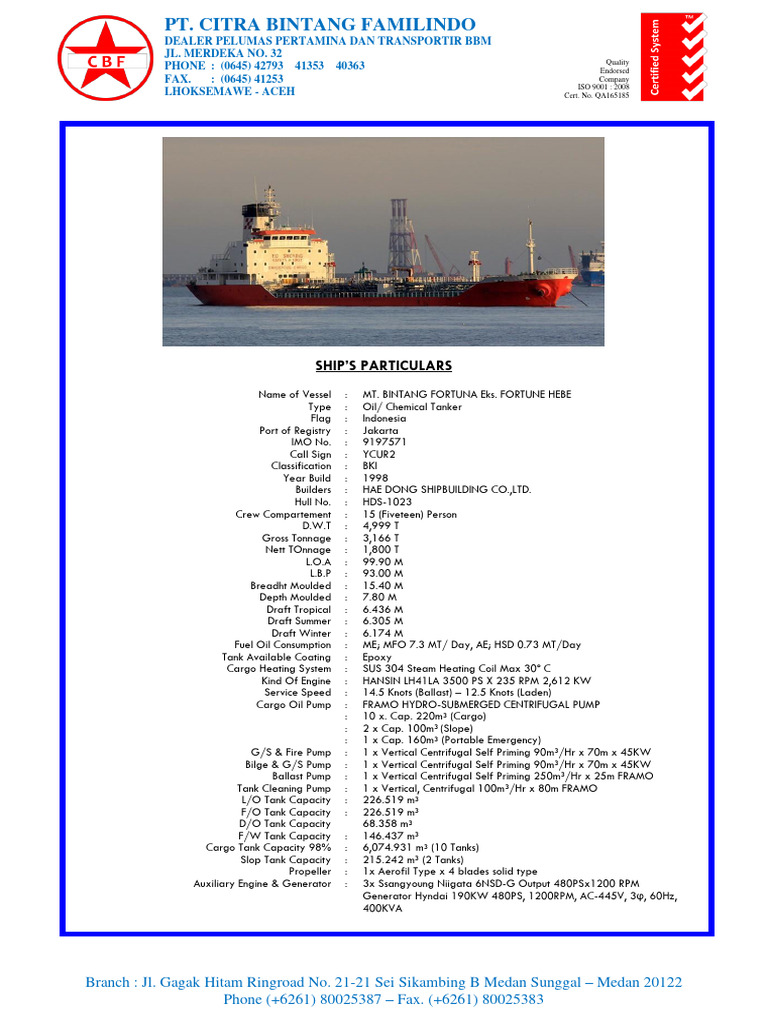 Ship Particular Bintang Fortuna CBF | PDF