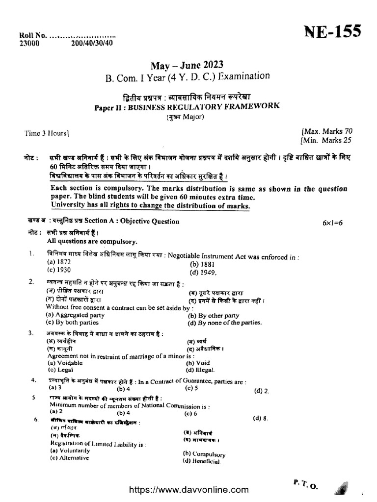 Bcom 1 Year Business Regulatory Framework Ne 155 Jun 2023 | PDF