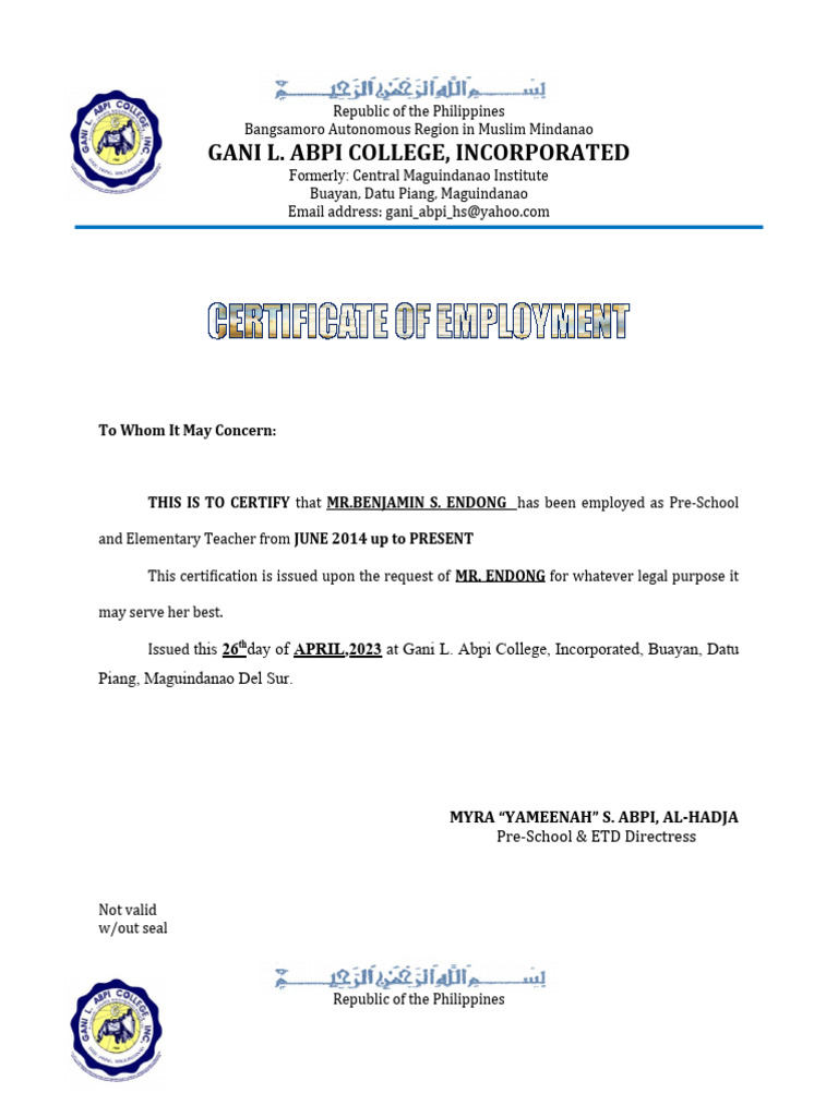 Certificate of Employment - MAM MYRA Haya | PDF | Honorifics ...