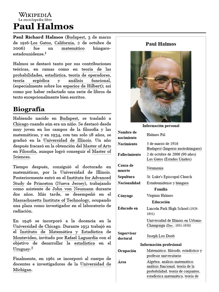 Paul Halmos - Wikipedia, La Enciclopedia Libre | PDF | Matemáticas ...