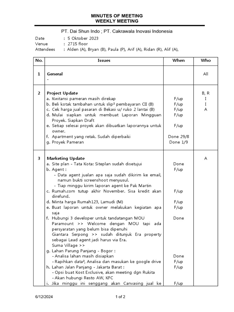 Contoh MOM Rapat Mingguan PT Dai Shun | PDF