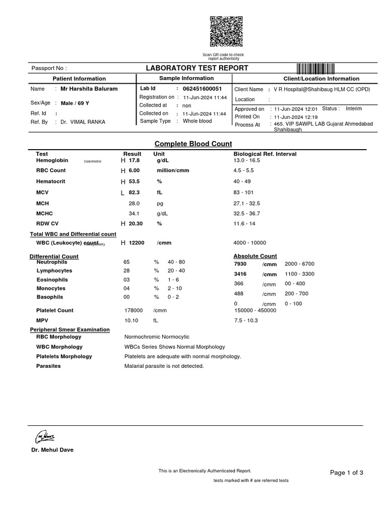 Laboratory Test Report | PDF | White Blood Cell | Body Fluids
