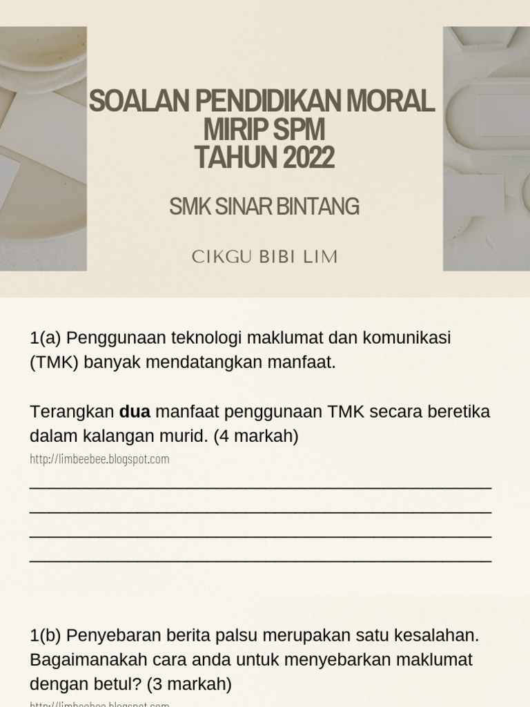 1. Soalan Pendidikan Moral Mirip Spm_smk Sinar Bintang | PDF