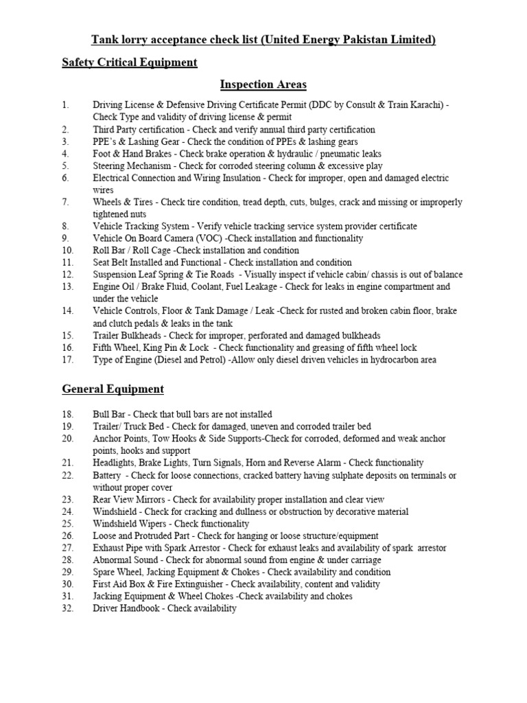 Tank Lorry Acceptance Checklist | PDF | Truck | Vehicles