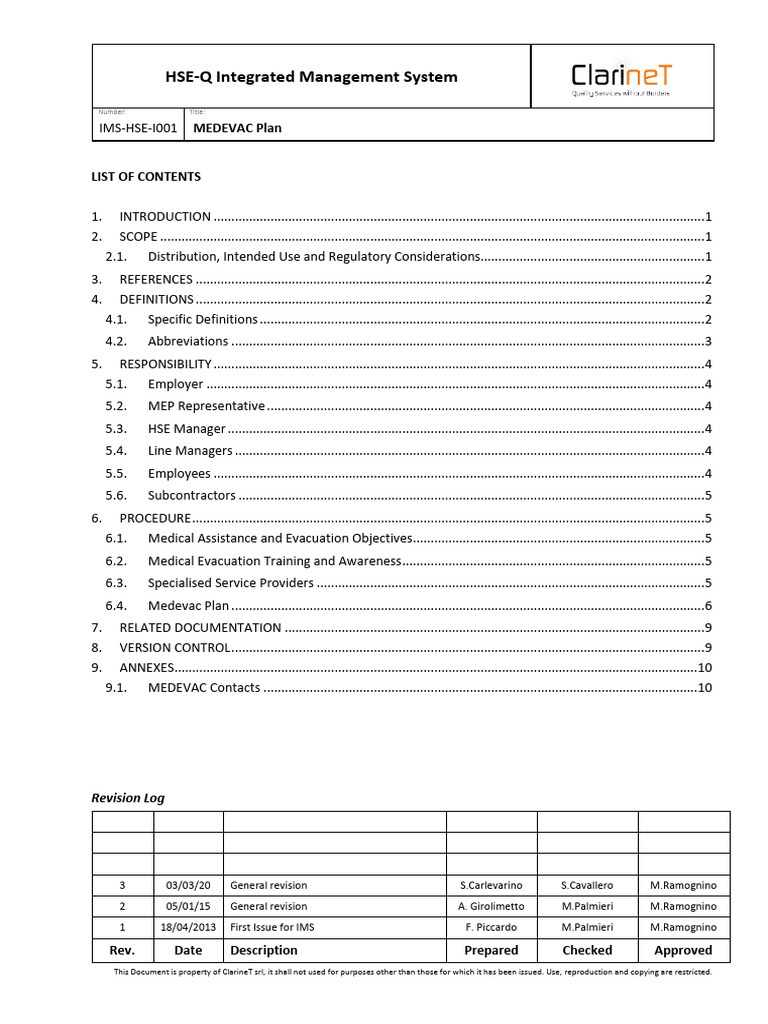 IMS-HSE-I001 - MEDEVAC Plan - e - Rev 3 | PDF | First Aid | Safety