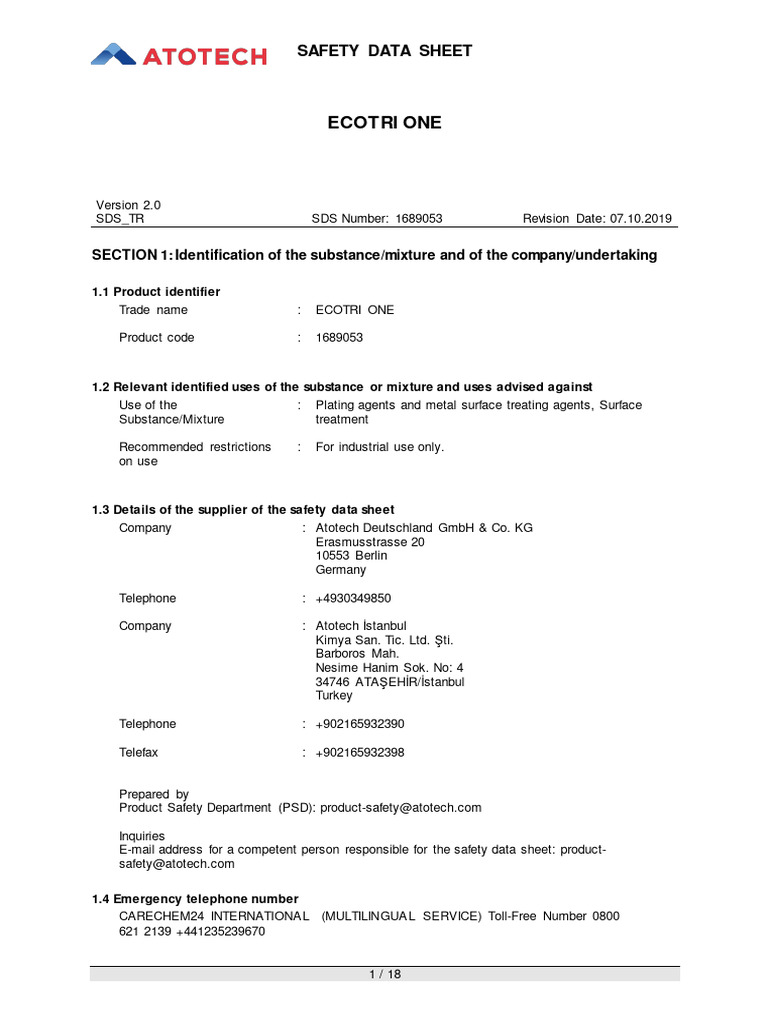 Ecotri One - MSDS - en | PDF | Toxicity | Combustion