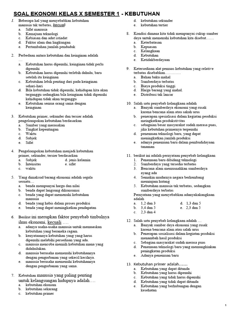 Soal Ekonomi Kelas X: Kebutuhan dan Kelangkaan | PDF