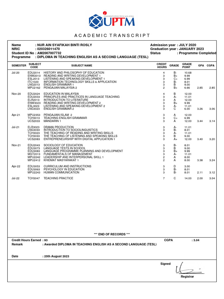 Academic Transcript 2022 | PDF