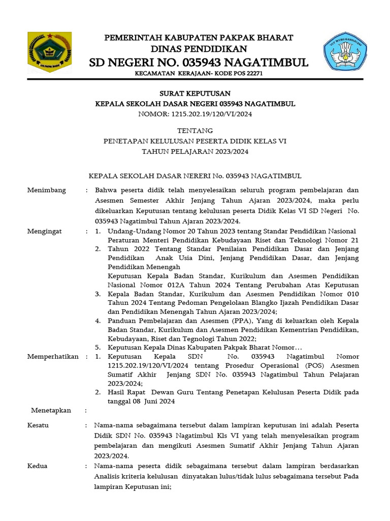 SK Penetapan Kelulusan 2024 | PDF